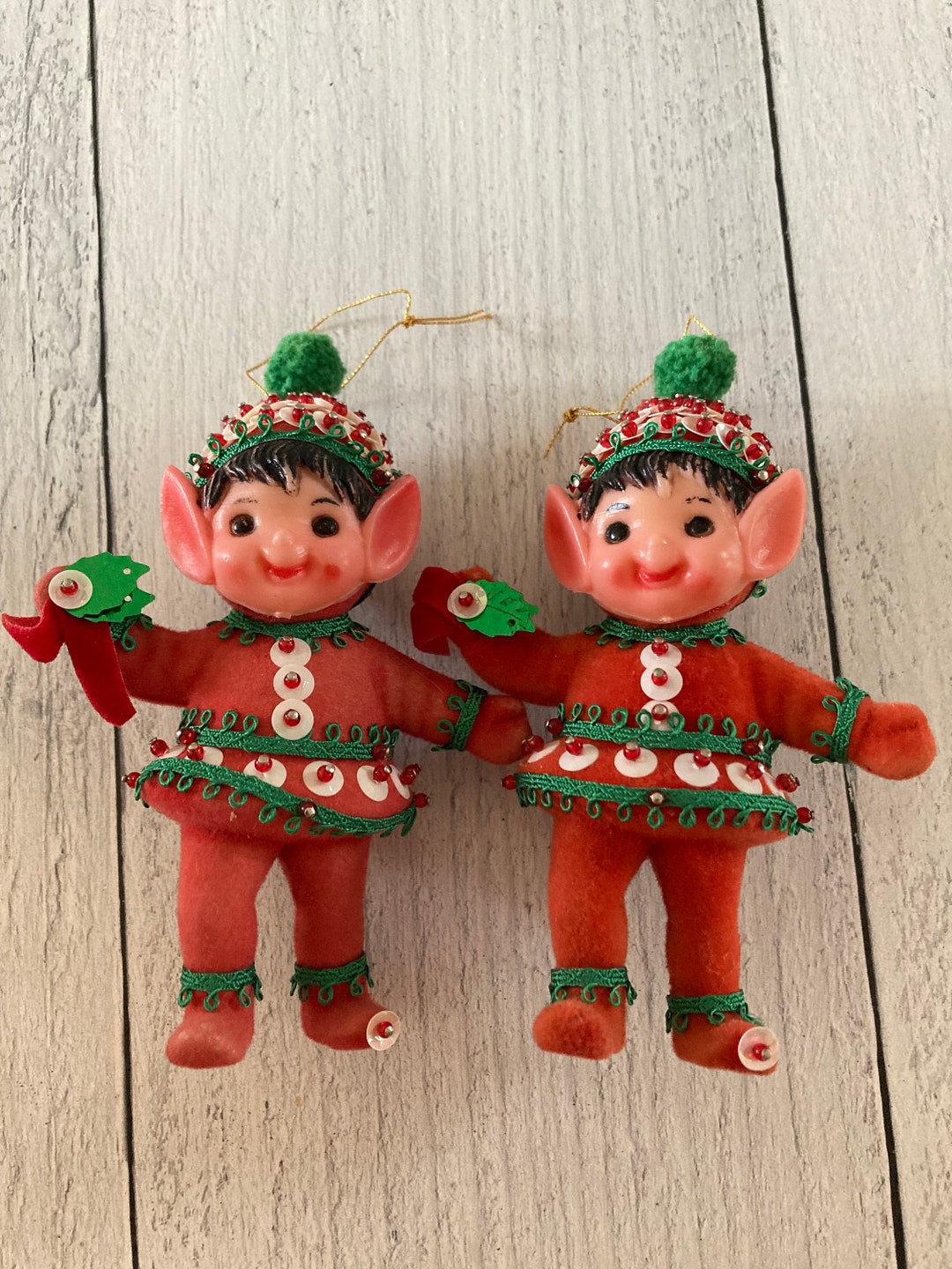 Vintage Elf Ornaments Flocked and Sequined Kitschy Christmas Elves - Etsy