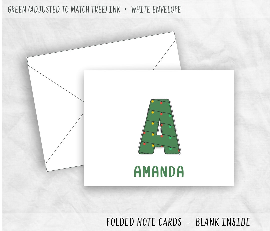 Christmas Tree Initial Name Thank You Cards, Lighted Christmas Tree ...