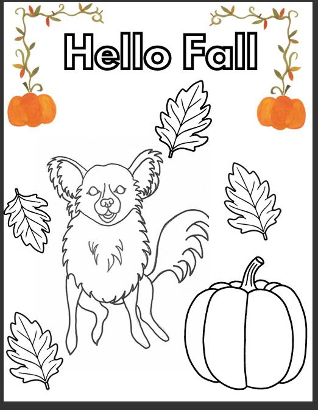 Hello Fall Leaves With Dog Coloring Page - Etsy
