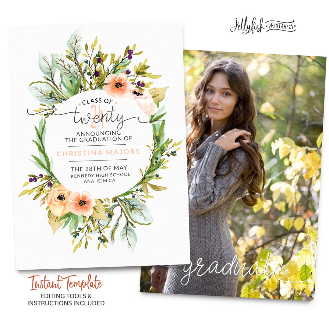 Floral Graduation Party Invitation Template Editable Graduation ...