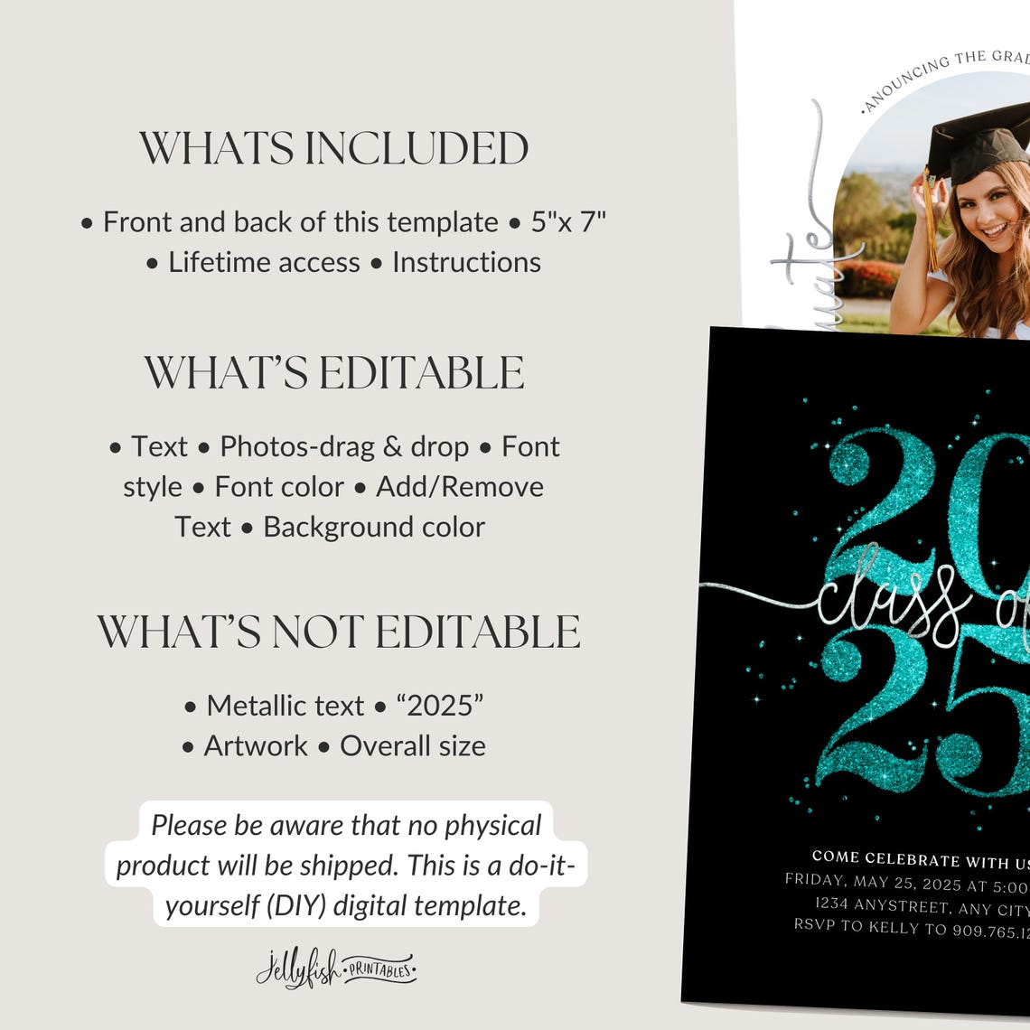 Teal Graduation Party Invitation Template | Editable Grad Announcement ...