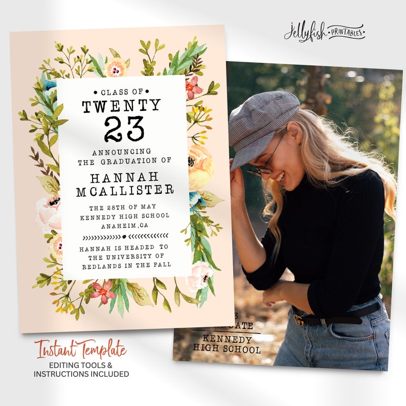 Wildflower Graduation Party Invitation Template Editable - Etsy