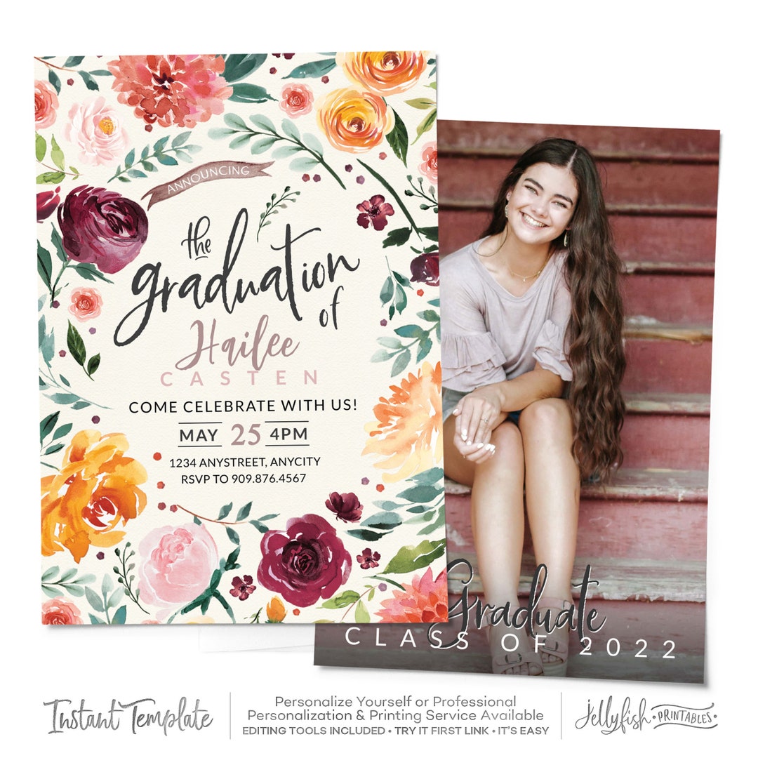 Floral Graduation Party Invitation Template Editable - Etsy