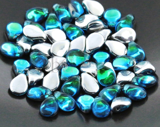50pcs Czech Pip Beads NEW Aquamarine Blue / Green OCEAN BACKLIT Petals ...