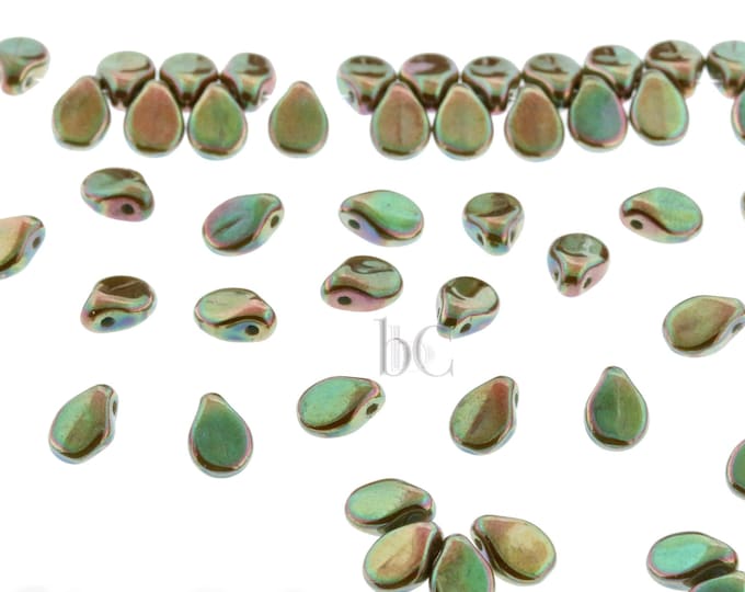 50pcs Czech Pip Beads Opaque Blue OLIVE / APRICOT Luster Petals Glass ...