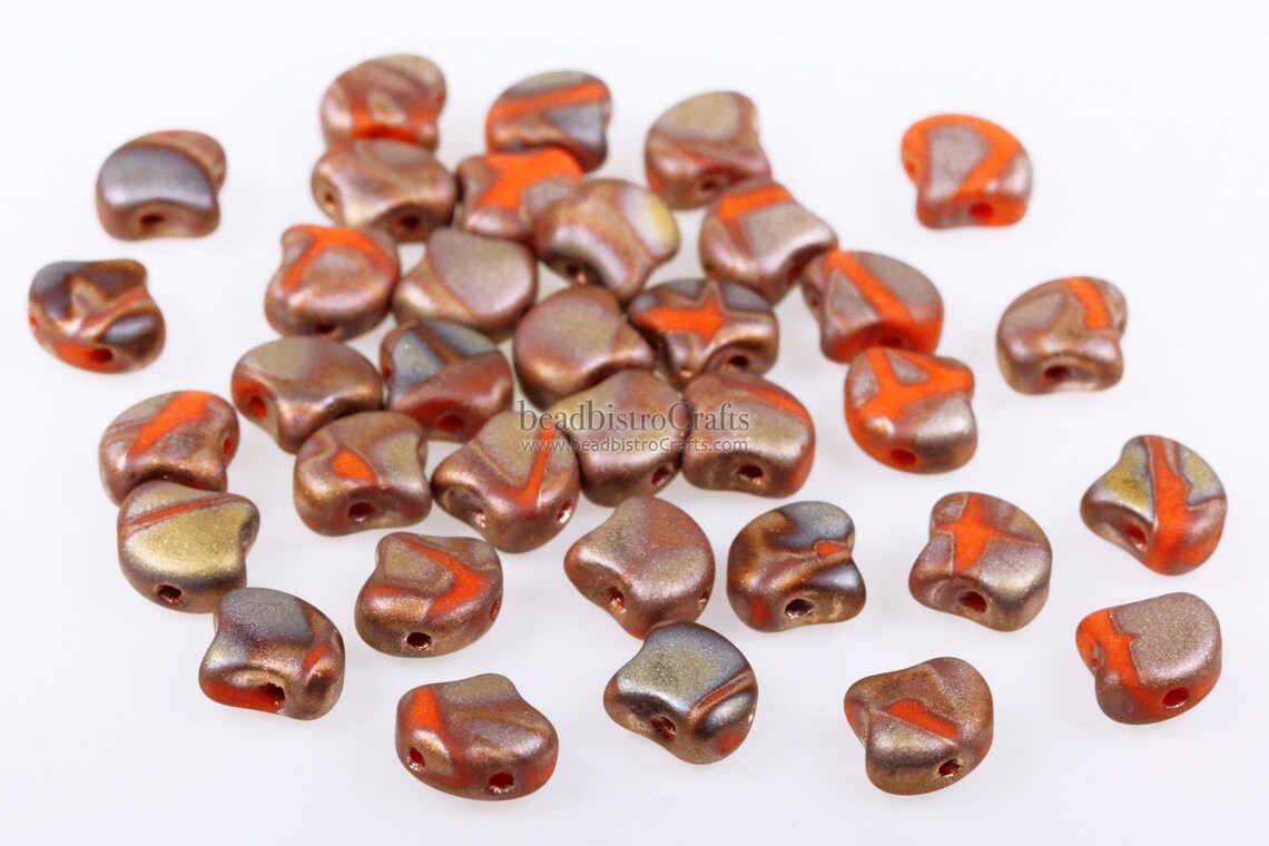 30pcs Czech 2-hole GINKO Beads - Ginko Duo - Opaque Orange Full CAPRI Gold Matte BATIK * Ginko ...