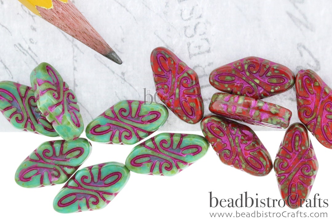 6pcs ARABESQUE Czech Glass Pressed Bead - Opaque Red Coral or Turquoise ...