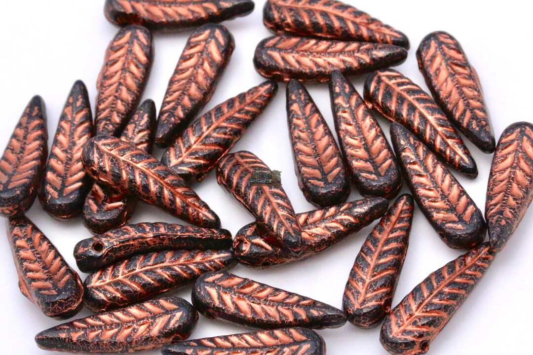 Czech Glass Bird Feather Beads 16 or 48pcs Jet COPPER WASH 5x17mm Czech ...