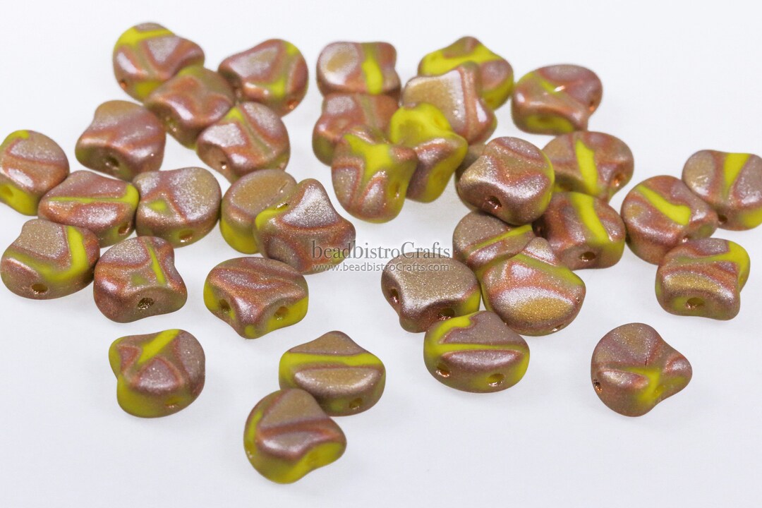 30pcs Czech 2-hole GINKO Beads - Ginko Duo - Opaque Limon Full CAPRI Gold Matte BATIK * Ginko ...
