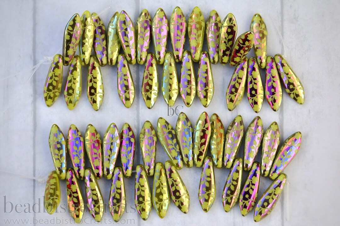 25pcs Czech Glass LASER Etched Dagger Beads - Opaque Light Olive ...