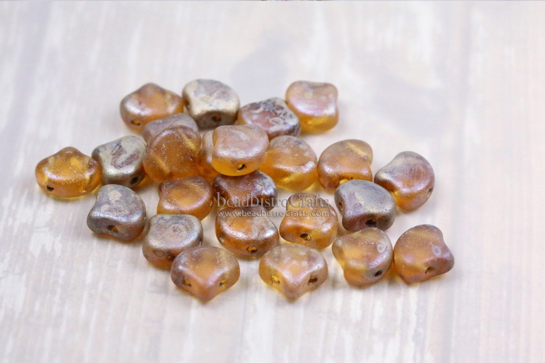 30pcs Czech 2-hole GINKO Beads - Ginko Duo - Medium Topaz MATTE REMBRANDT Ginko Bead - 7.5x7.5mm ...