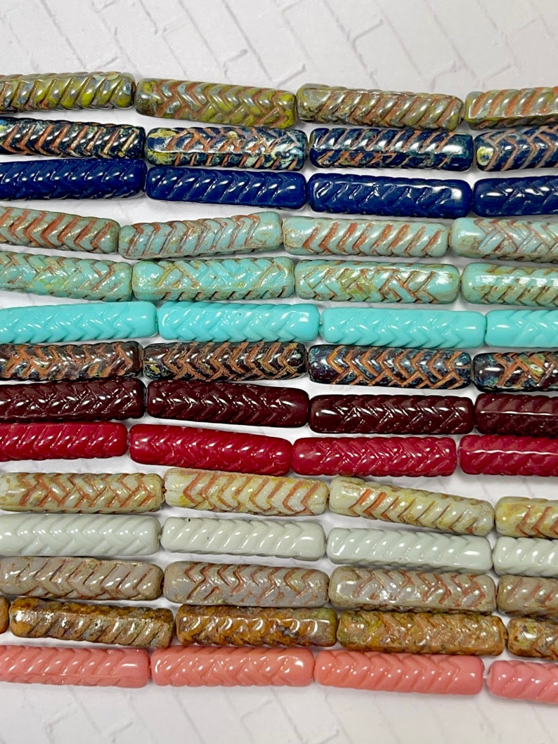 Czech Textured Tube Beads - 10pcs Pressed Glass Long Tube Beads - 18x4 ...