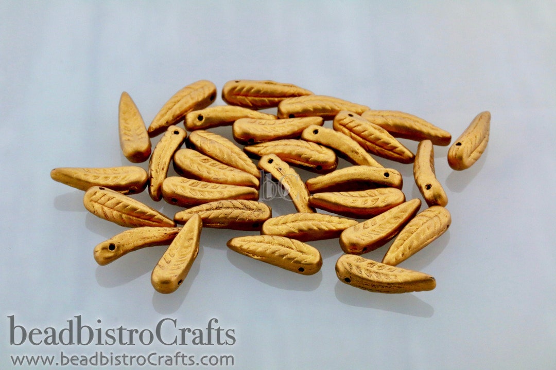 Czech Glass Bird Feather Beads - 16 or 48pcs - Crystal MATTE BRASS ...