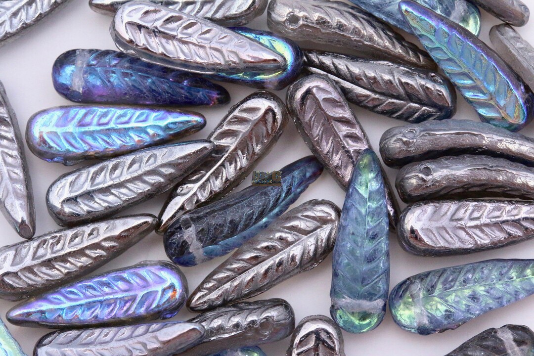 Czech Glass Bird Feather Beads 16 or 48pcs Crystal GRAPHITE RAINBOW ...