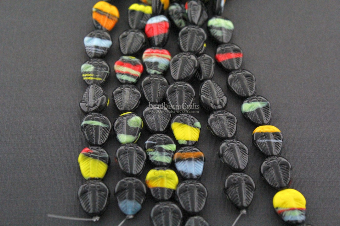 Czech TRILOBITE Beads 8pcs - Pressed Glass Multi-color Black Trilobite ...