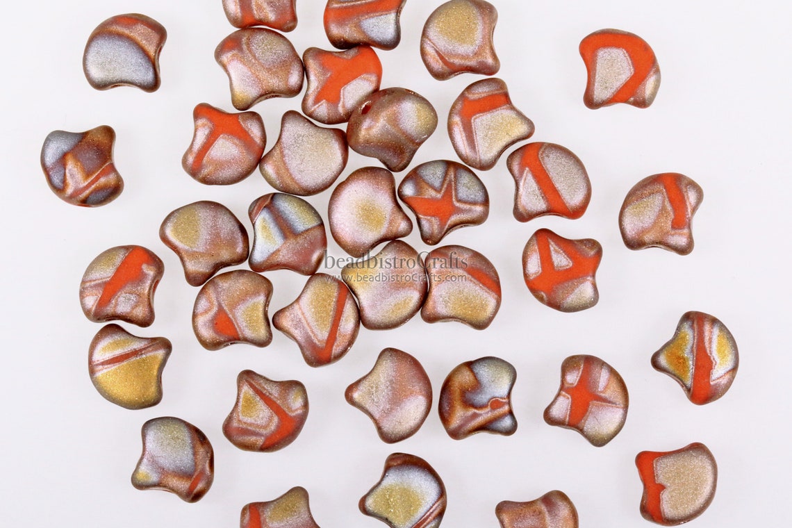 30pcs Czech 2-hole GINKO Beads - Ginko Duo - Opaque Orange Full CAPRI Gold Matte BATIK * Ginko ...