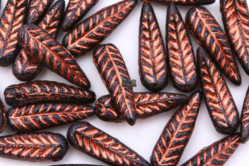 Czech Glass Bird Feather Beads 16 or 48pcs Jet COPPER WASH | Etsy