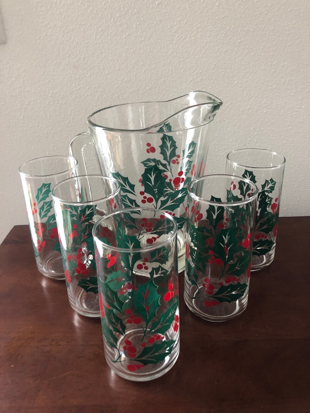 Christmas Holly by Indiana Glass Pitcher With Pour Spout and Glasses - Etsy