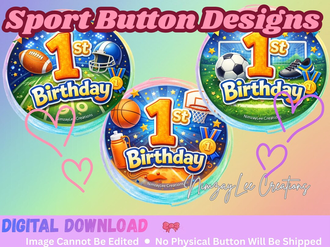 1st Birthday Button Template | 2.25 Inch Sports Buttons | Football ...