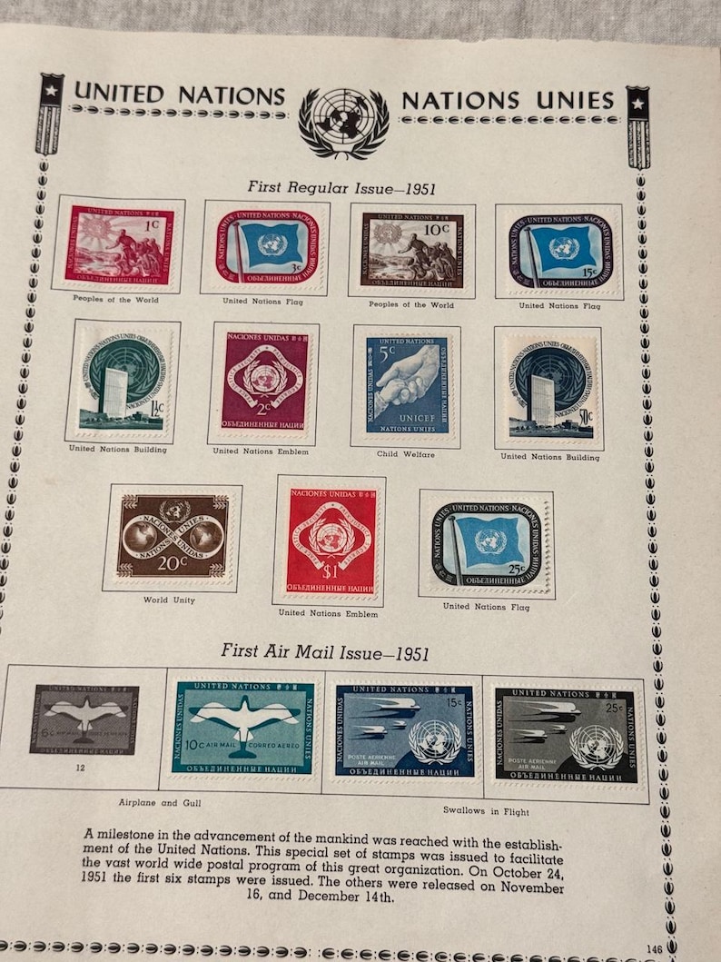 Vintage United Nations Stamp Collection 1951 Mint First Regular and ...