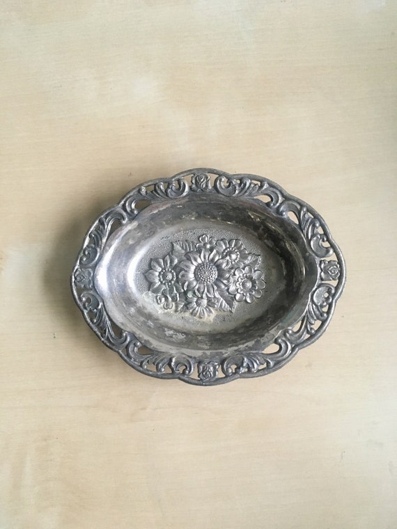 Vintage Silverplate Trinket Dish with Roses - Gem