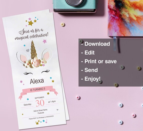 Unicorn Theme Birthday Party Invitation Personalised Invite | Etsy
