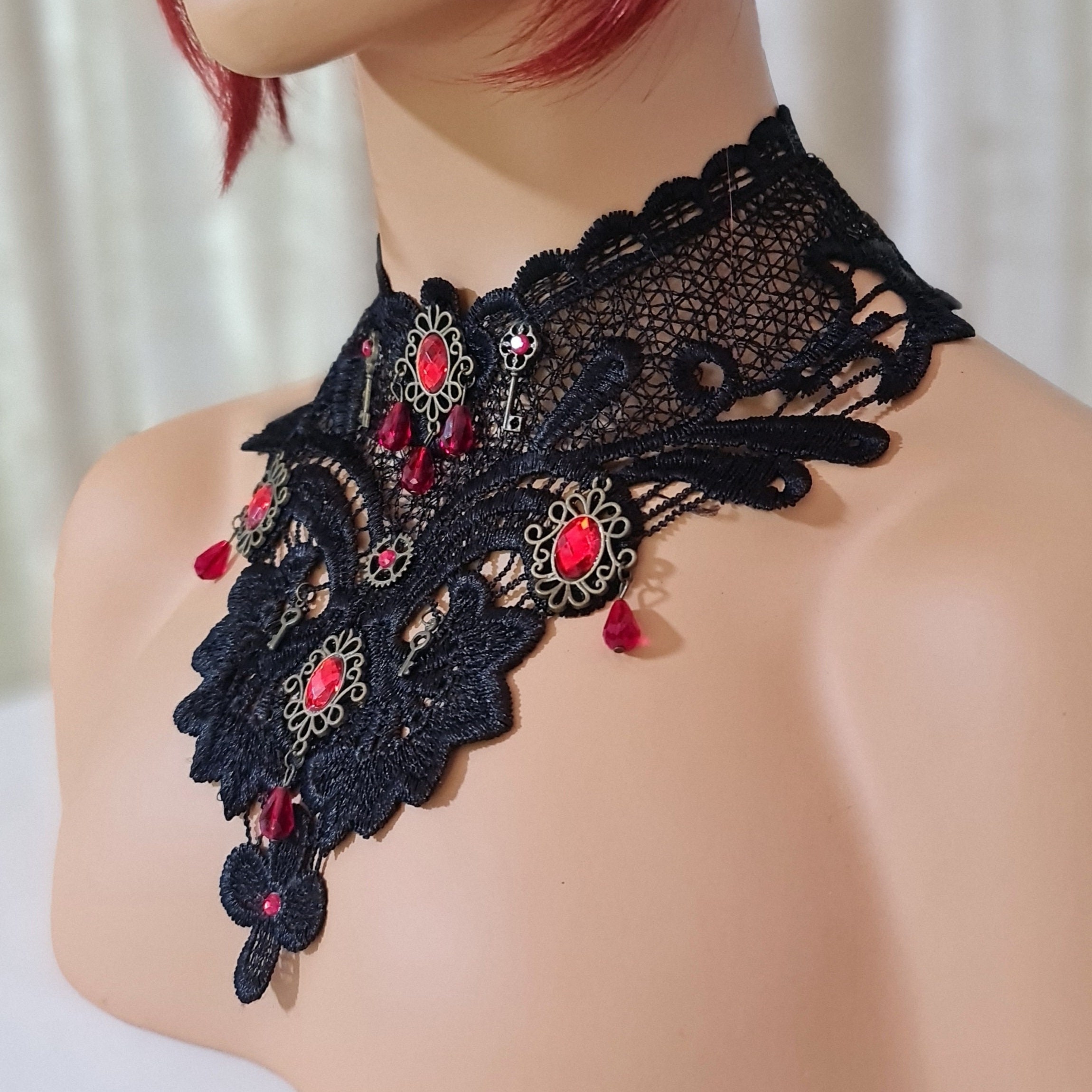 Gothic Steampunk Victorian Collar, Black Lace Bib Necklace With Red ...