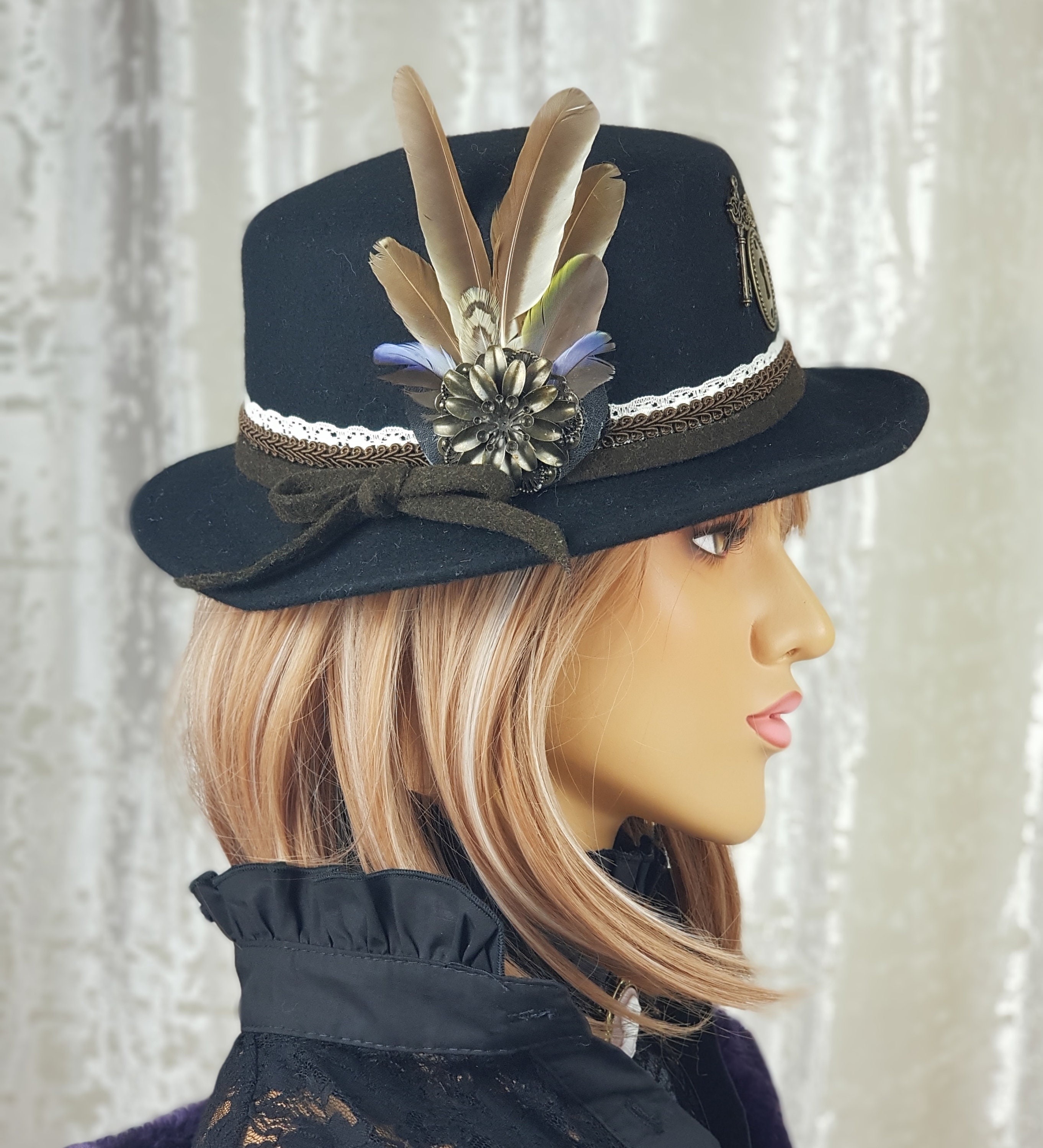 Black Steampunk Fedora Hat in Wool Felt With Removable Rare Feathers ...