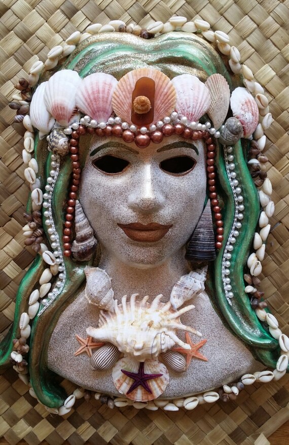 beach mermaid nautical theme wall mask with shells and pearls | Etsy