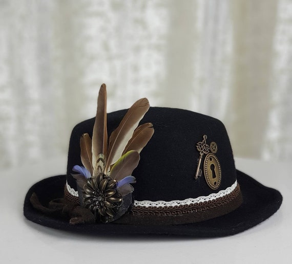 Black Steampunk Fedora Hat in Wool Felt With Removable | Etsy