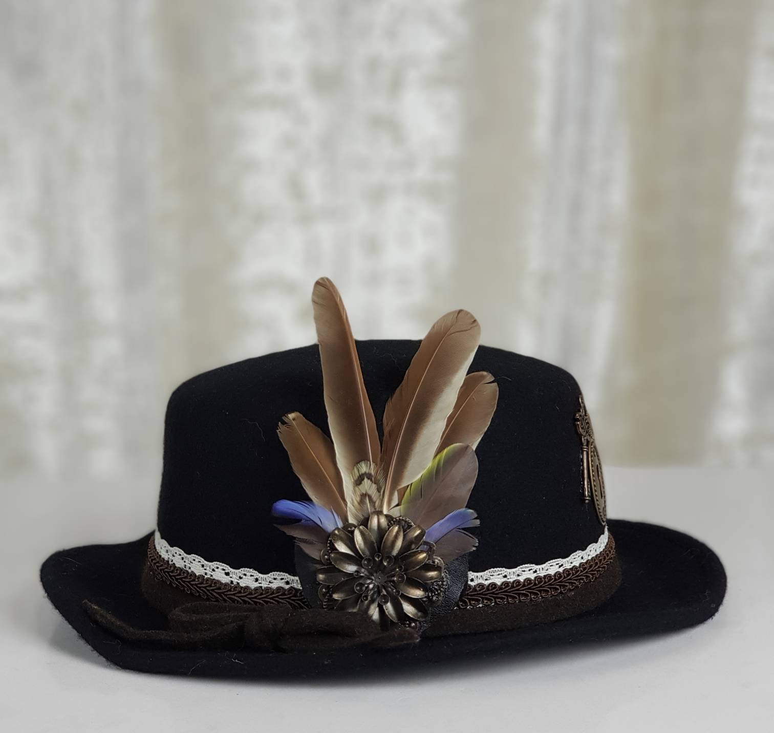 Black Steampunk Fedora Hat in Wool Felt With Removable Rare Feathers ...