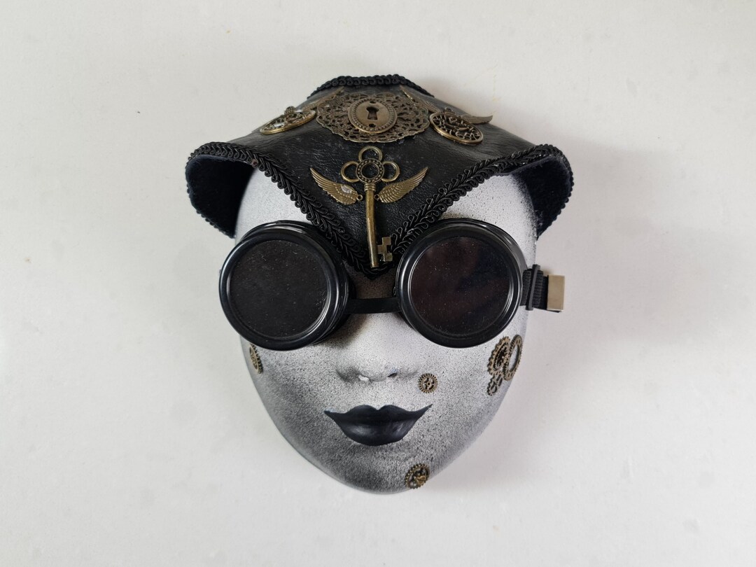 Steampunk Masquerade Mask, White With Black Leather Headress & Goggles ...
