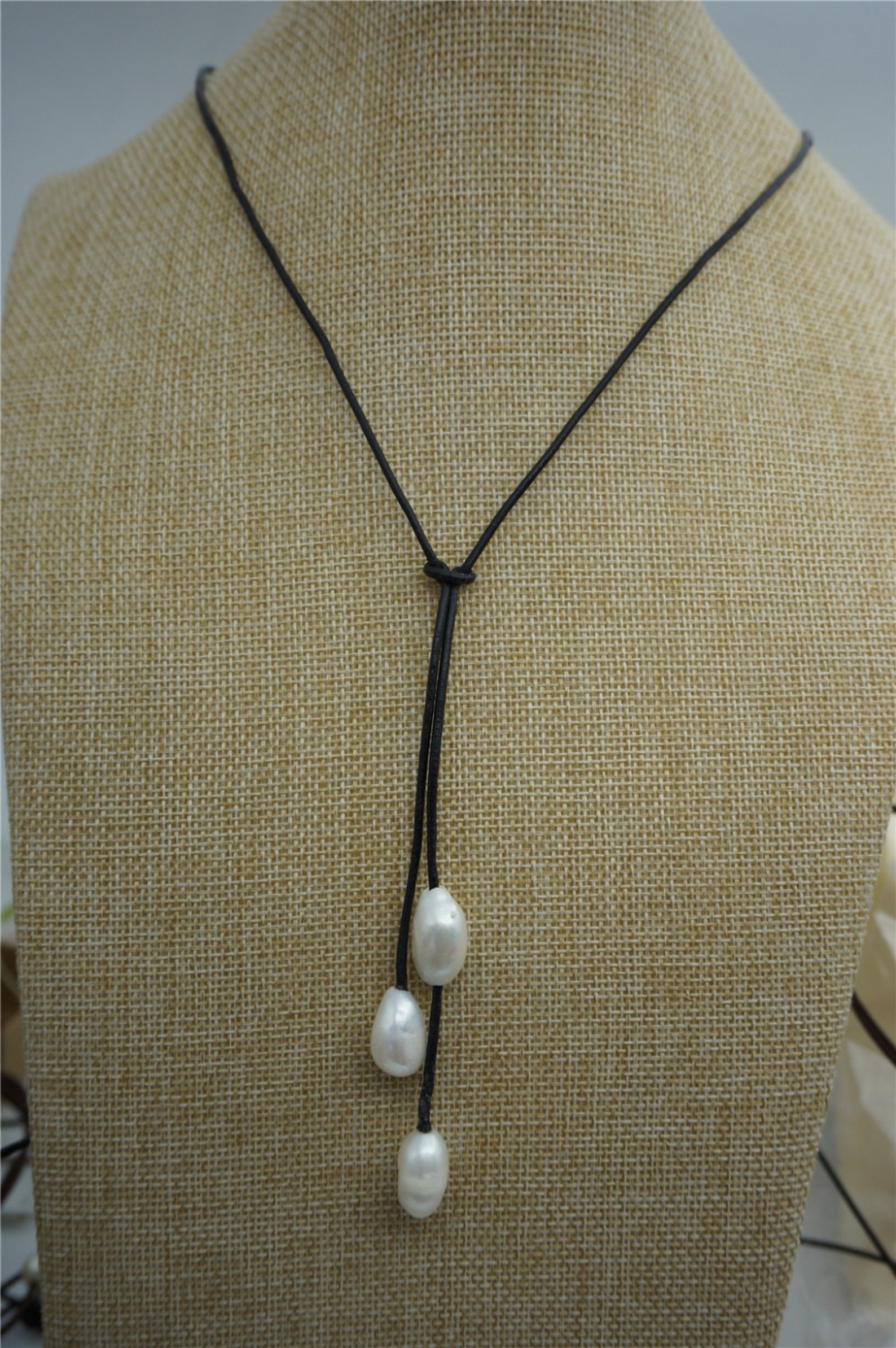 Freshwater Pearl And Leather Lariat Necklace Light Brwon Etsy