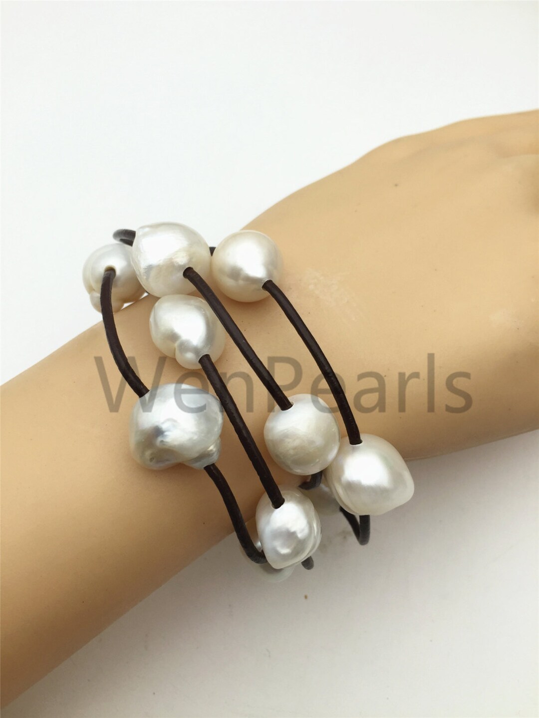 13-15mm Very Very Big Pearl - 4 Rows Leather Pearls Bracelet - Genuine ...