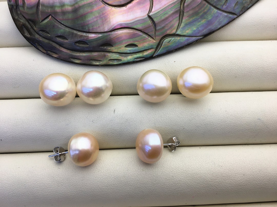 AAA 11.5-12mm Big Pink Peach Nugget Baroque Pearl Stud Earrings ...