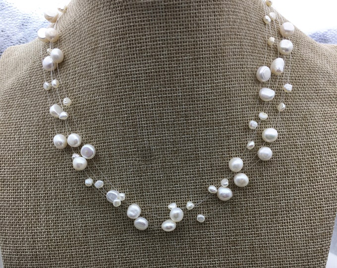 Bridal Illusion Necklace, Pearl Floating Necklace, Bridal Jewelry ...