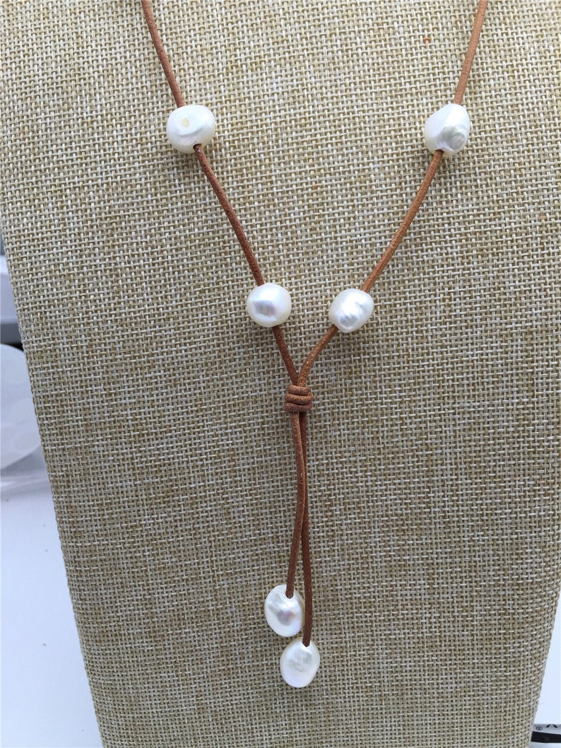 Freshwater Pearl and Leather Lariat Necklace Light Brwon - Etsy