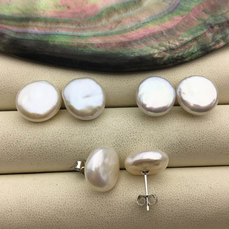 White Coin Pearl Stud - Etsy UK