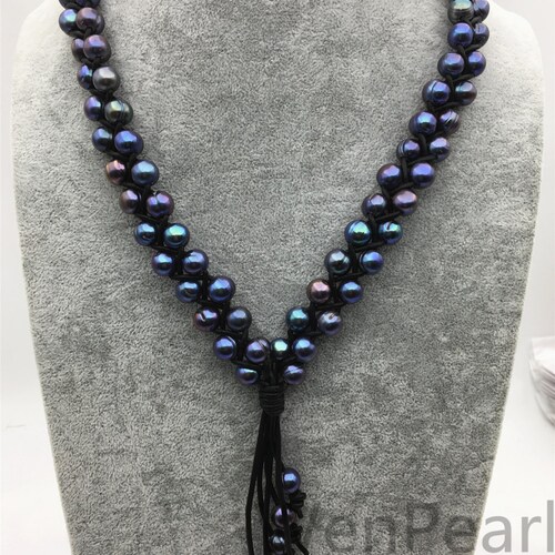Deep Blue Pearl Freshwater Pearl and Leather Necklace Drop - Etsy