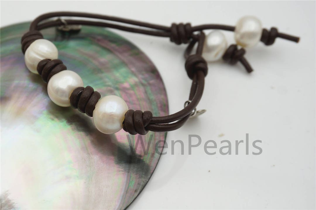 3 Pearl Leather Bracelet,11mm Potato White Pearl,select Leather Color ...