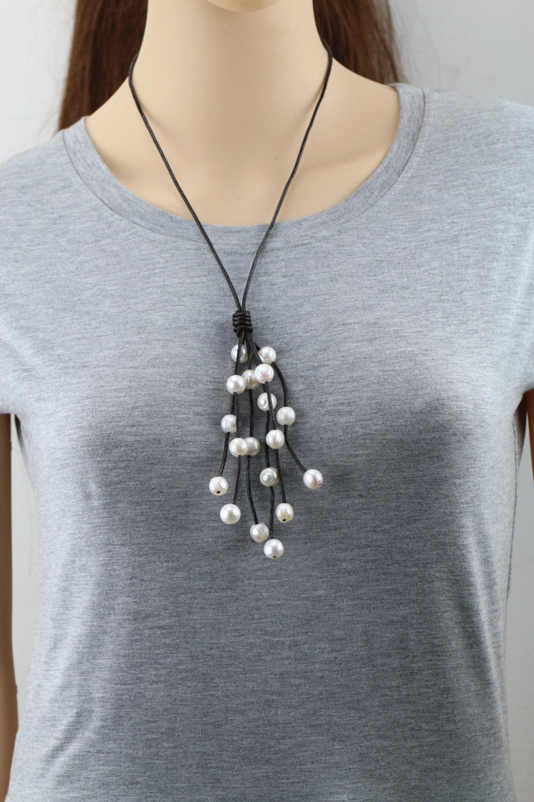 Button Shape Pearl Necklace,leather Pearl Necklace,pearl Leather ...