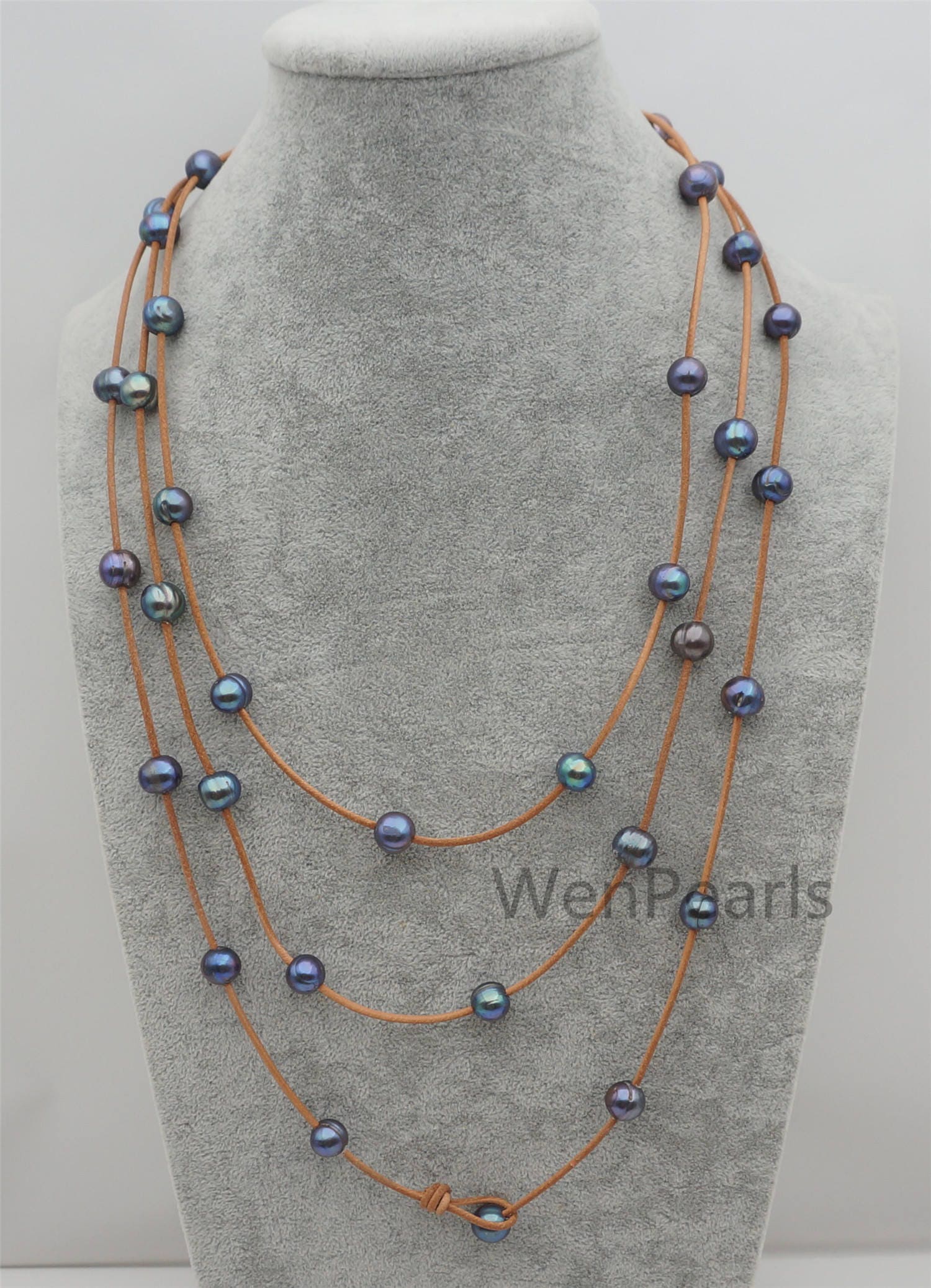 Long Deep Blue Freshwater Pearl and Leather Lariat - Etsy