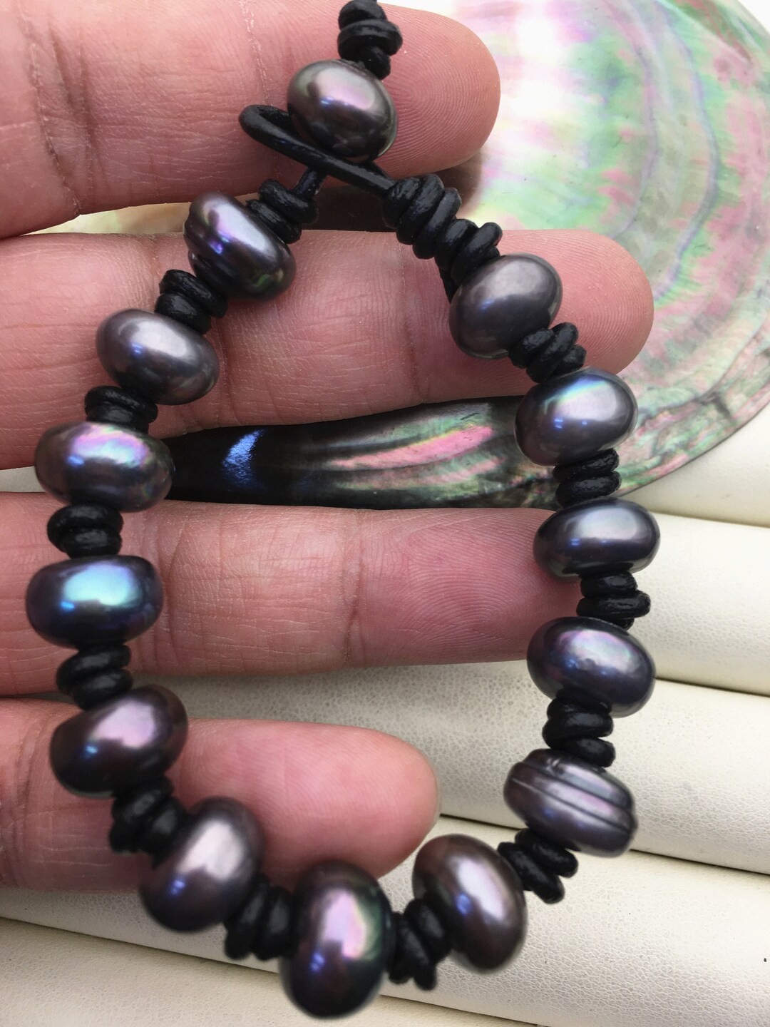 Big Deep Blue Button Round Pearls Leather Bracelet,select Length,select ...