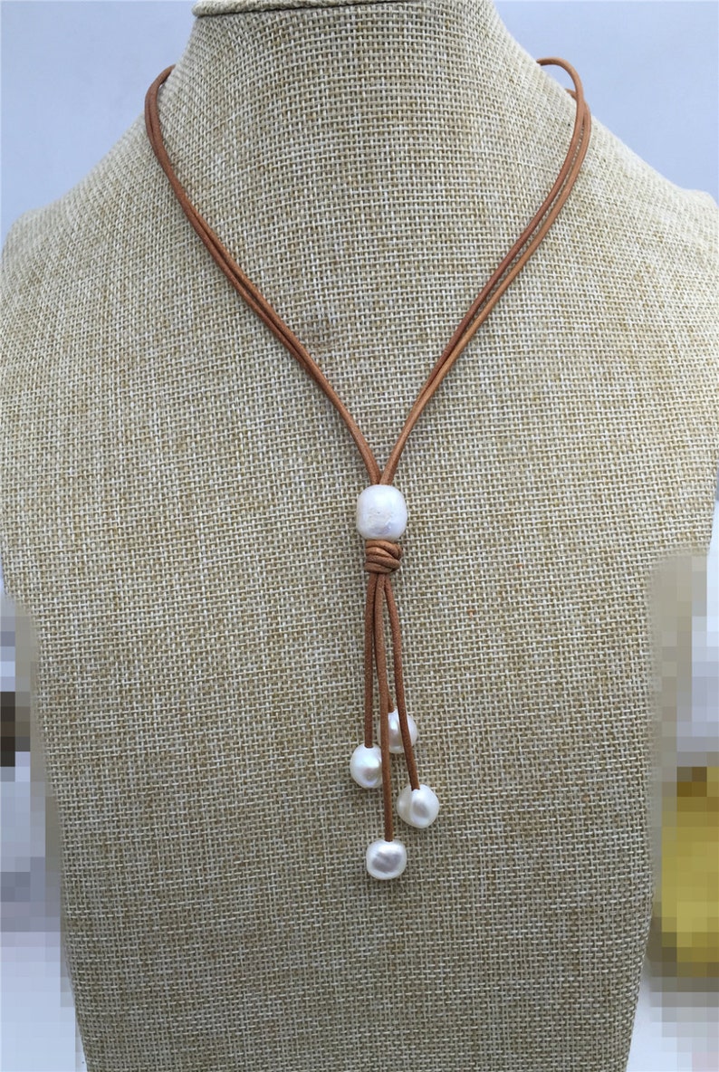 Freshwater Pearl And Leather Lariat Necklace Light Brwon Etsy