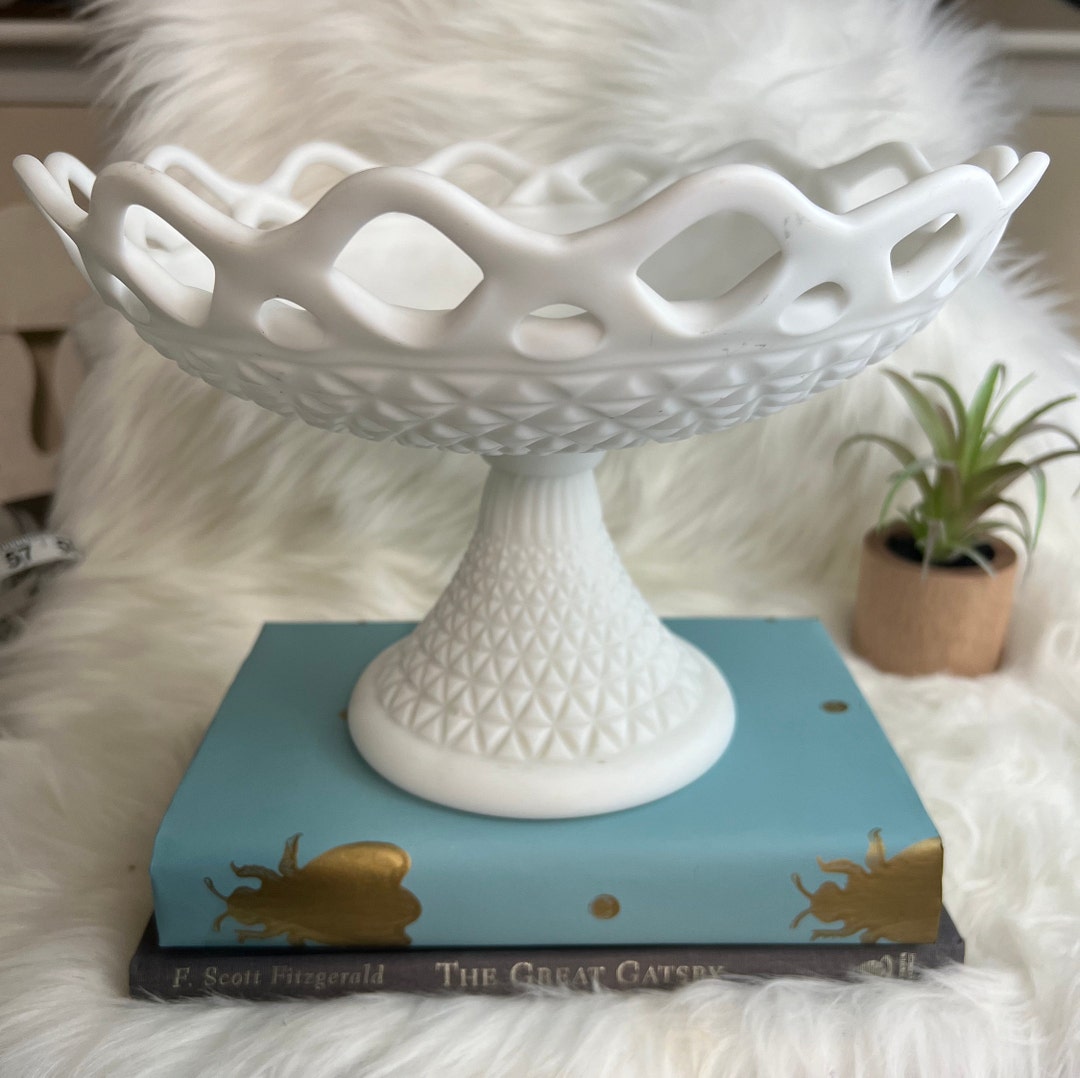 Milk Glass | Lace Edge Stand| Vintage Lace Edge Diamond Point Milk ...