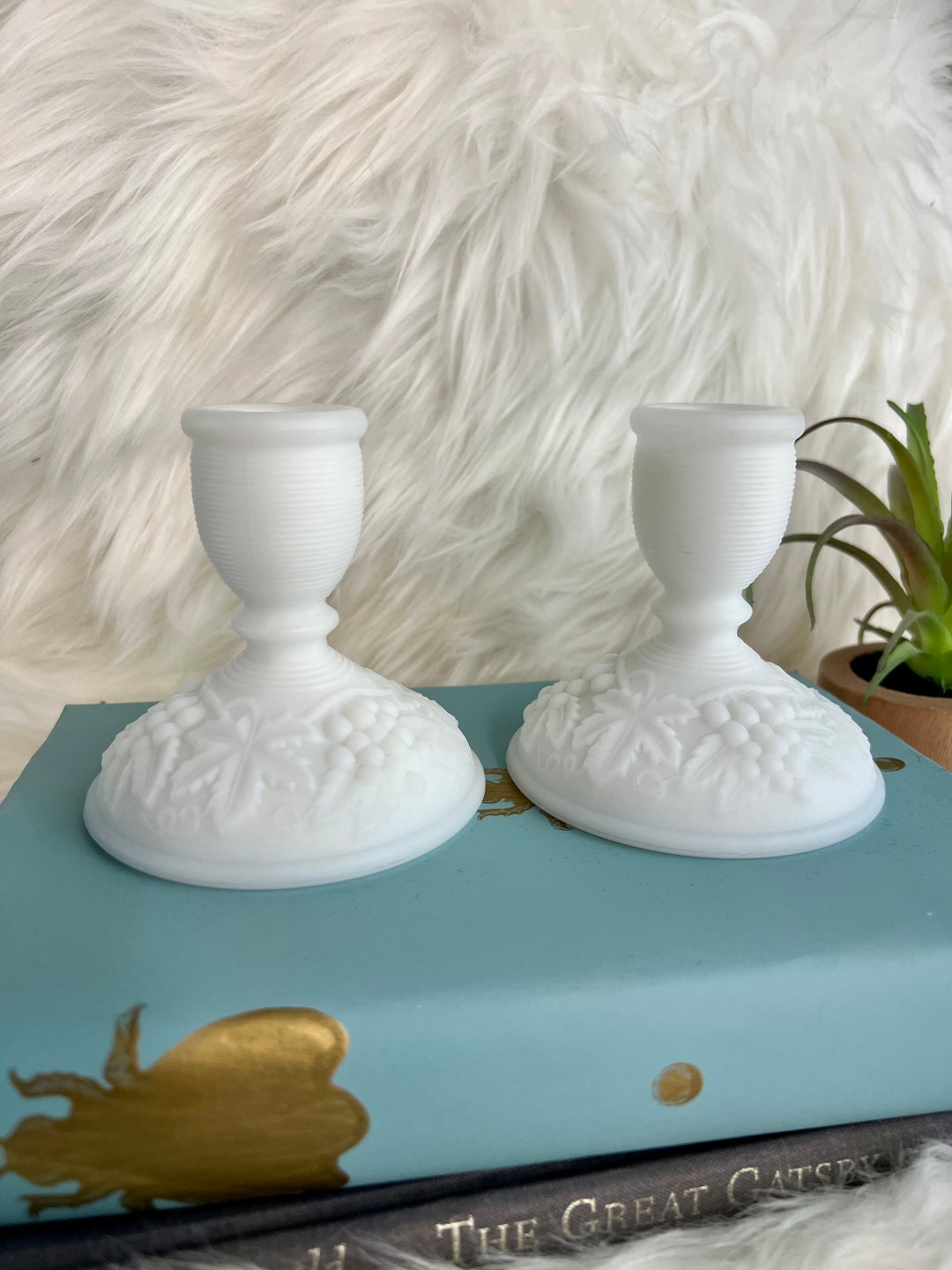 Vintage IMPERIAL GLASS Milk Glass Candlestick Holders | Grape Leaf Design - Etsy