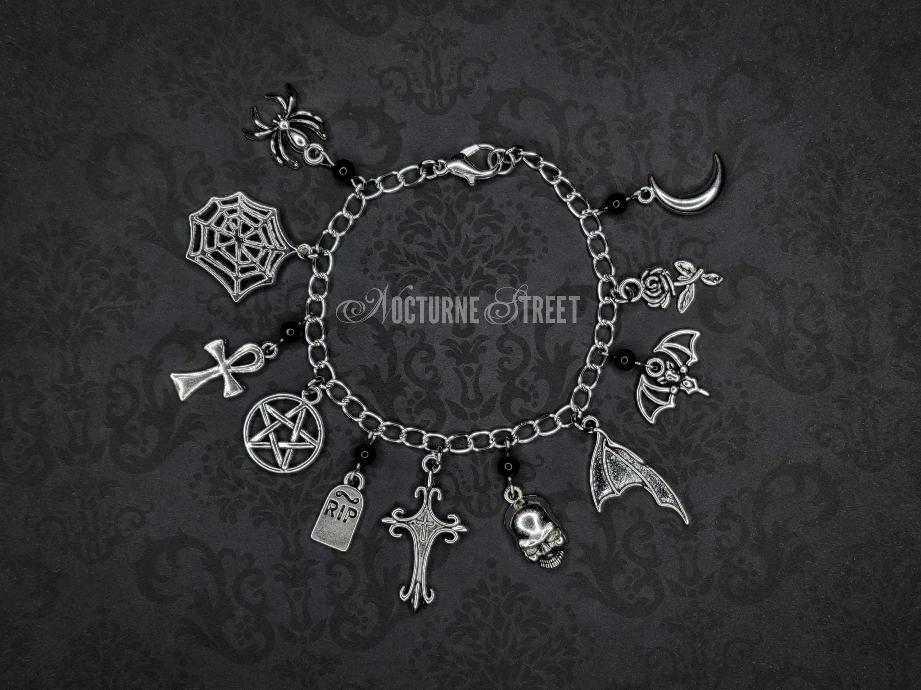 Gothic Charm Bracelet With Black Onyx - Goth Bracelet, Witchy Jewelry ...