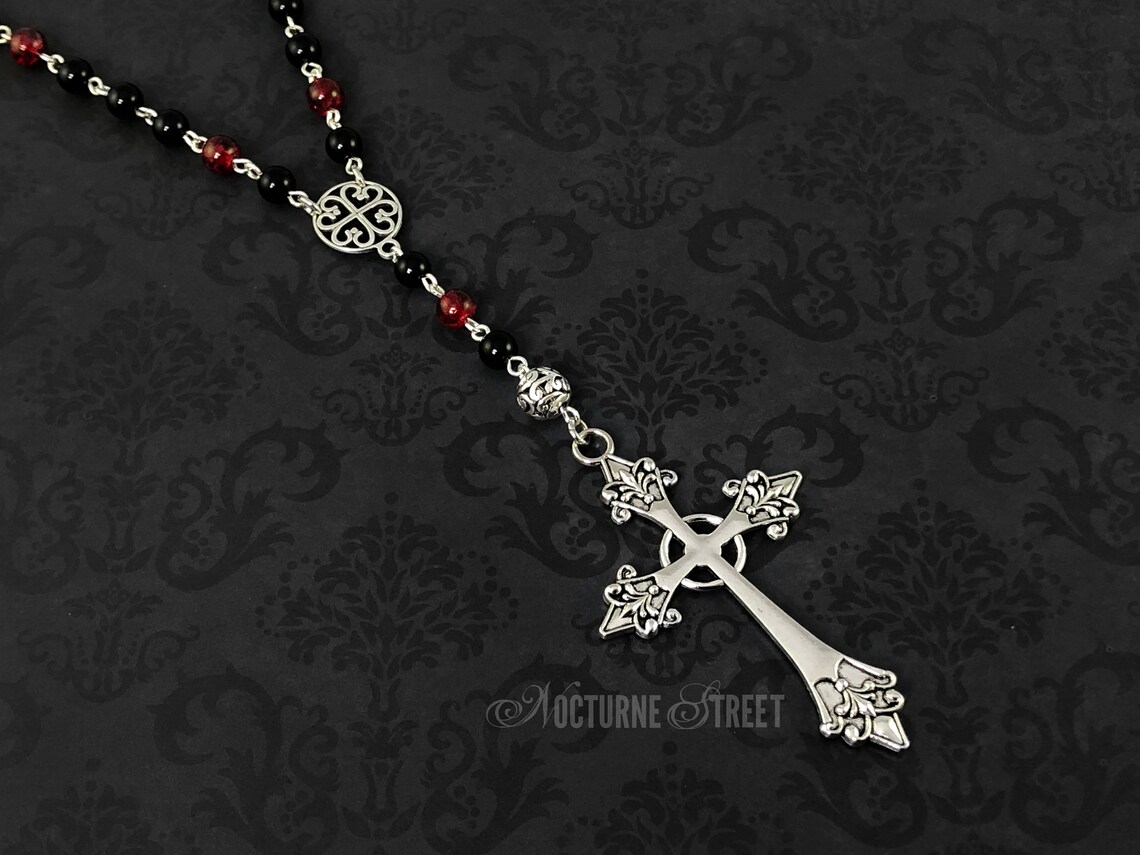 Red & Black Gothic Rosary Necklace - Long Gothic Cross Necklace, Beaded ...