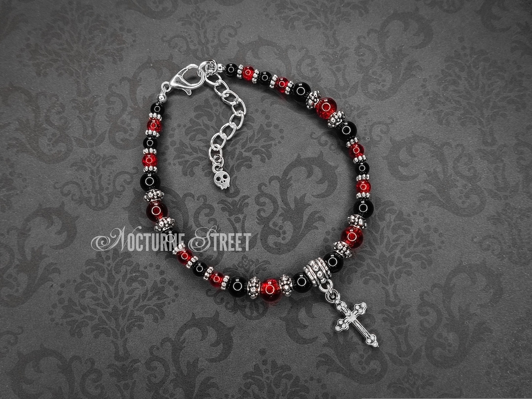 Red & Black Beaded Gothic Bracelet - Black Onyx Bracelet, Goth Bracelet ...