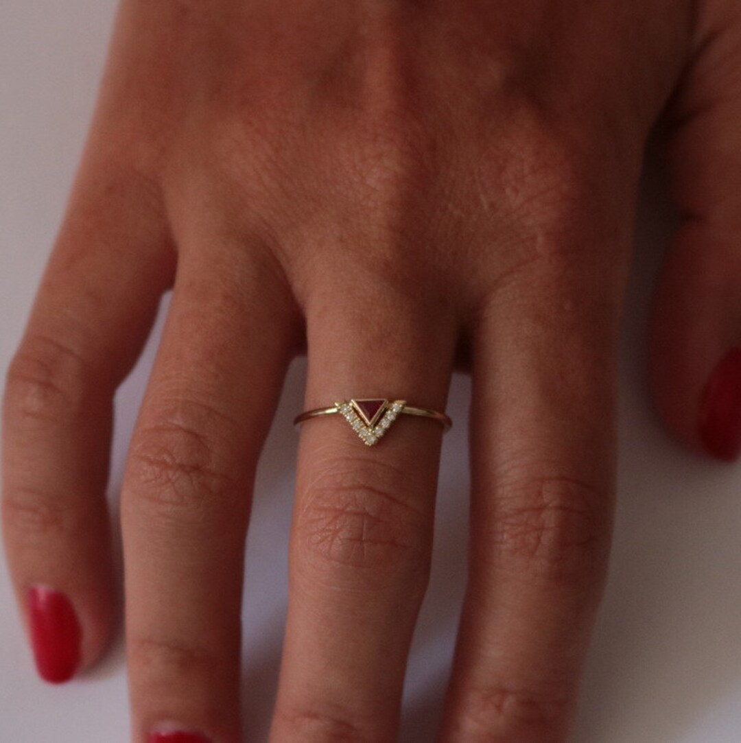 Ruby Engagement Ring, Diamond Pave Ring, Red Stone Ring, Triangle Gold ...